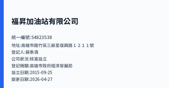 福昇加油站有限公司的照片-統編 54823538(高雄市) 公司登記資料與營業項目詳細圖表