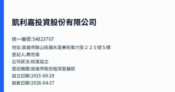 凱利嘉投資股份有限公司的照片-統編 54823707(高雄市) 公司登記資料與營業項目詳細圖表