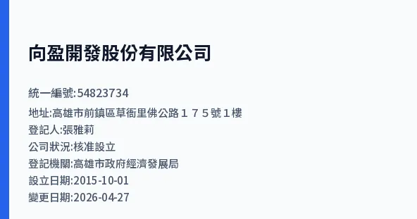 向盈開發股份有限公司的照片-統編 54823734(高雄市) 公司登記資料與營業項目詳細圖表