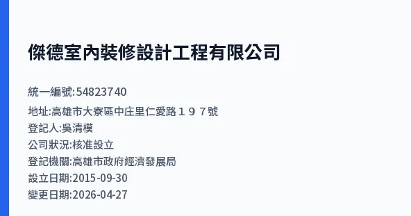 傑德室內裝修設計工程有限公司的照片-統編 54823740(高雄市) 公司登記資料與營業項目詳細圖表
