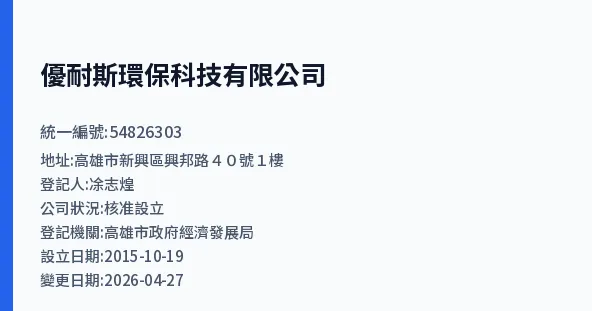優耐斯環保科技有限公司的照片-統編 54826303(高雄市) 公司登記資料與營業項目詳細圖表