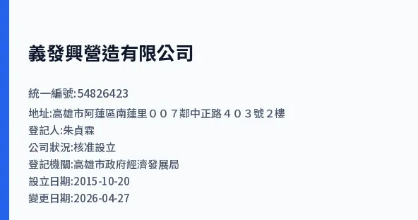 義發興營造有限公司的照片-統編 54826423(高雄市) 公司登記資料與營業項目詳細圖表