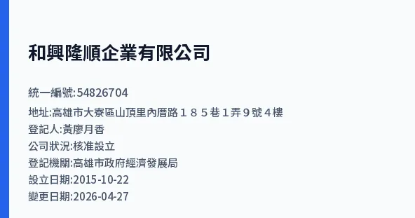 和興隆順企業有限公司的照片-統編 54826704(高雄市) 公司登記資料與營業項目詳細圖表