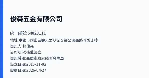 俊森五金有限公司的照片-統編 54828111(高雄市) 公司登記資料與營業項目詳細圖表