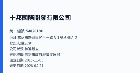 十邦國際開發有限公司的照片-統編 54828196(高雄市) 公司登記資料與營業項目詳細圖表
