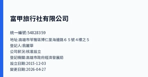 富甲旅行社有限公司的照片-統編 54828359(高雄市) 公司登記資料與營業項目詳細圖表