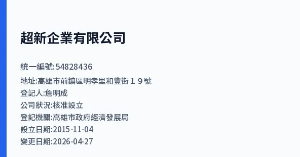 超新企業有限公司的照片-統編 54828436(高雄市) 公司登記資料與營業項目詳細圖表