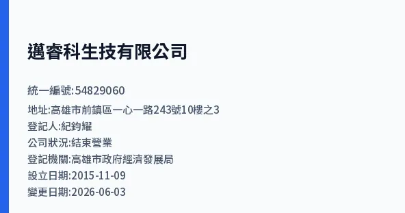 邁睿科生技有限公司的照片-統編 54829060(高雄市) 公司登記資料與營業項目詳細圖表