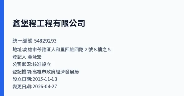 鑫堡程工程有限公司的照片-統編 54829293(高雄市) 公司登記資料與營業項目詳細圖表