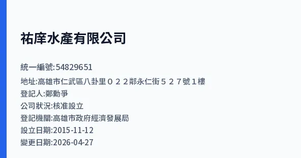 祐庠水產有限公司的照片-統編 54829651(高雄市) 公司登記資料與營業項目詳細圖表