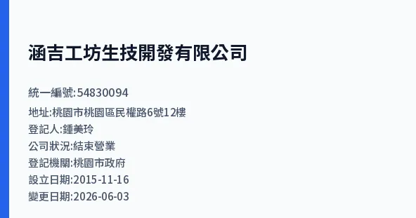 涵吉工坊生技開發有限公司的照片-統編 54830094(桃園市) 公司登記資料與營業項目詳細圖表
