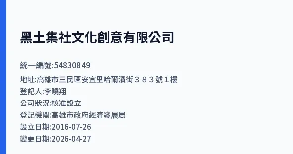 黑土集社文化創意有限公司的照片-統編 54830849(高雄市) 公司登記資料與營業項目詳細圖表
