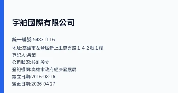 宇舶國際有限公司的照片-統編 54831116(高雄市) 公司登記資料與營業項目詳細圖表