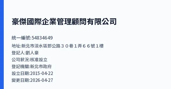 豪傑國際企業管理顧問有限公司的照片-統編 54834649(新北市) 公司登記資料與營業項目詳細圖表