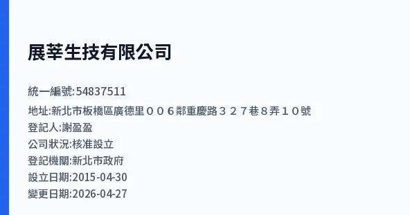 展莘生技有限公司的照片-統編 54837511(新北市) 公司登記資料與營業項目詳細圖表
