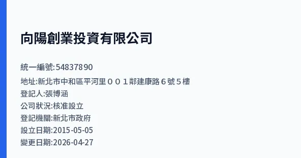 向陽創業投資有限公司的照片-統編 54837890(新北市) 公司登記資料與營業項目詳細圖表