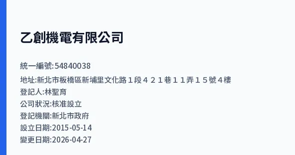 乙創機電有限公司的照片-統編 54840038(新北市) 公司登記資料與營業項目詳細圖表
