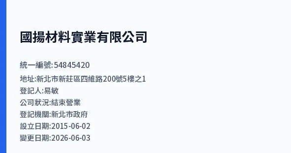 國揚材料實業有限公司的照片-統編 54845420(新北市) 公司登記資料與營業項目詳細圖表