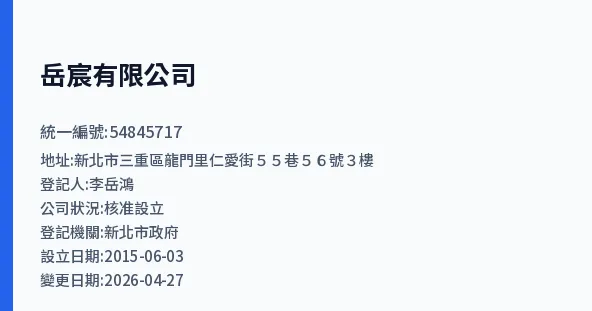 岳宸有限公司的照片-統編 54845717(新北市) 公司登記資料與營業項目詳細圖表