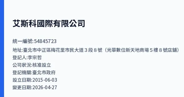 艾斯科國際有限公司的照片-統編 54845723(臺北市) 公司登記資料與營業項目詳細圖表