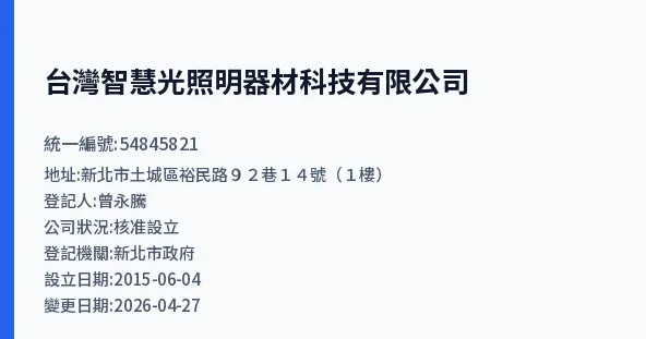 台灣智慧光照明器材科技有限公司的照片-統編 54845821(新北市) 公司登記資料與營業項目詳細圖表