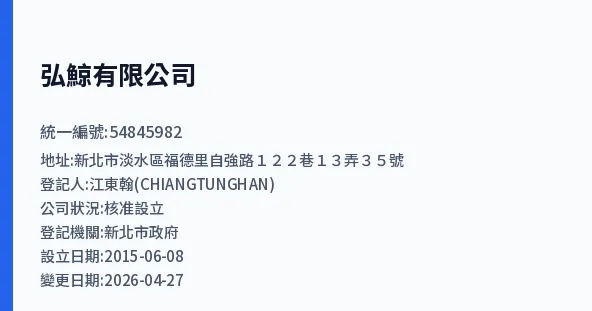 弘鯨有限公司的照片-統編 54845982(新北市) 公司登記資料與營業項目詳細圖表