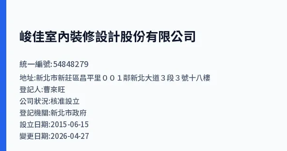 峻佳室內裝修設計股份有限公司的照片-統編 54848279(新北市) 公司登記資料與營業項目詳細圖表