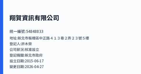 翔賀資訊有限公司的照片-統編 54848833(新北市) 公司登記資料與營業項目詳細圖表