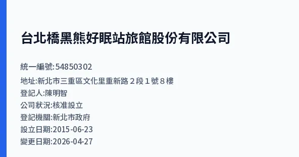 台北橋黑熊好眠站旅館股份有限公司的照片-統編 54850302(新北市) 公司登記資料與營業項目詳細圖表