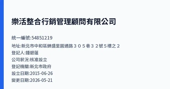 樂活整合行銷管理顧問有限公司的照片-統編 54851219(新北市) 公司登記資料與營業項目詳細圖表