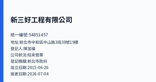 新三好工程有限公司的照片-統編 54851457(新北市) 公司登記資料與營業項目詳細圖表