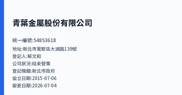 青葉金屬股份有限公司的照片-統編 54853618(新北市) 公司登記資料與營業項目詳細圖表