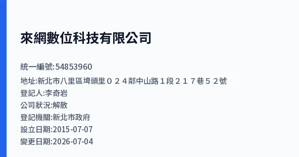 來網數位科技有限公司的照片-統編 54853960(新北市) 公司登記資料與營業項目詳細圖表