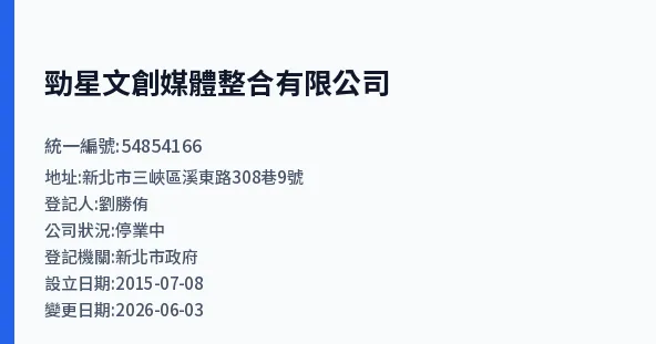 勁星文創媒體整合有限公司的照片-統編 54854166(新北市) 公司登記資料與營業項目詳細圖表