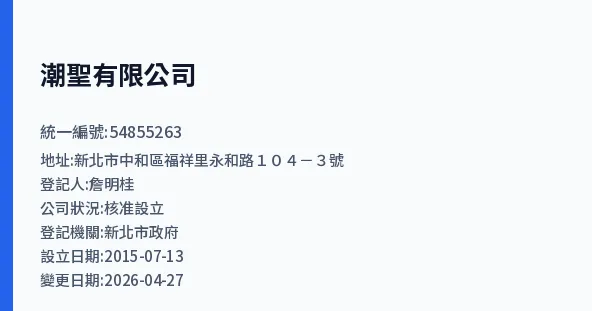 潮聖有限公司的照片-統編 54855263(新北市) 公司登記資料與營業項目詳細圖表
