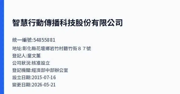 智慧行動傳播科技股份有限公司的照片-統編 54855881(彰化縣) 公司登記資料與營業項目詳細圖表