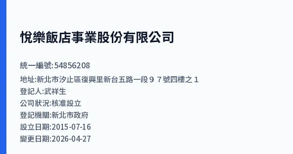 悅樂飯店事業股份有限公司的照片-統編 54856208(新北市) 公司登記資料與營業項目詳細圖表
