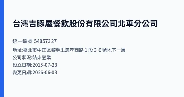 台灣吉豚屋餐飲股份有限公司北車分公司的照片-統編 54857327(臺北市) 公司登記資料與營業項目詳細圖表