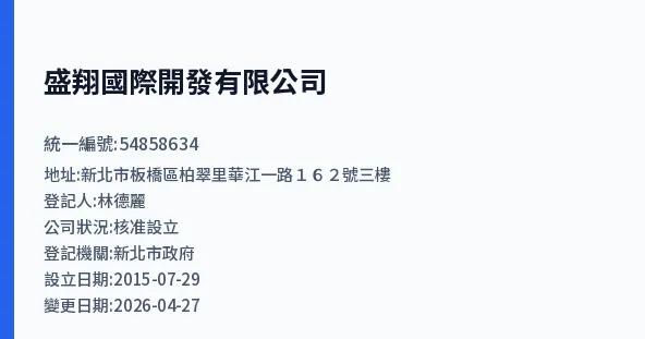 盛翔國際開發有限公司的照片-統編 54858634(新北市) 公司登記資料與營業項目詳細圖表
