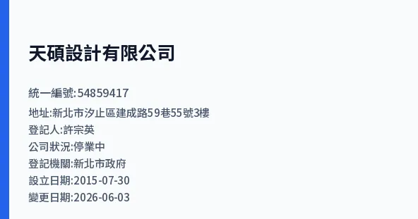 天碩設計有限公司的照片-統編 54859417(新北市) 公司登記資料與營業項目詳細圖表