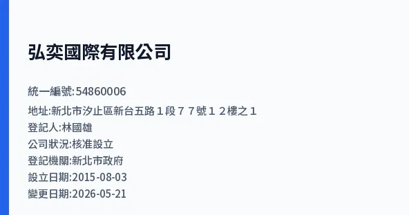 弘奕國際有限公司的照片-統編 54860006(新北市) 公司登記資料與營業項目詳細圖表