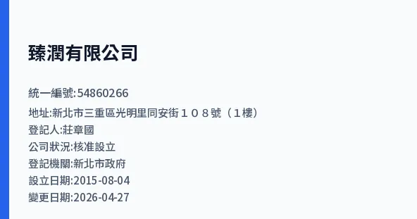 臻潤有限公司的照片-統編 54860266(新北市) 公司登記資料與營業項目詳細圖表