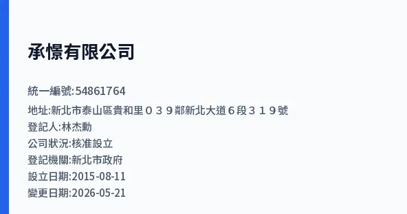 承憬有限公司的照片-統編 54861764(新北市) 公司登記資料與營業項目詳細圖表