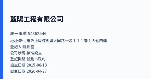 藍陽工程有限公司的照片-統編 54862546(新北市) 公司登記資料與營業項目詳細圖表