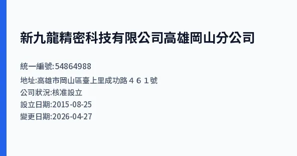 新九龍精密科技有限公司高雄岡山分公司的照片-統編 54864988(高雄市) 公司登記資料與營業項目詳細圖表