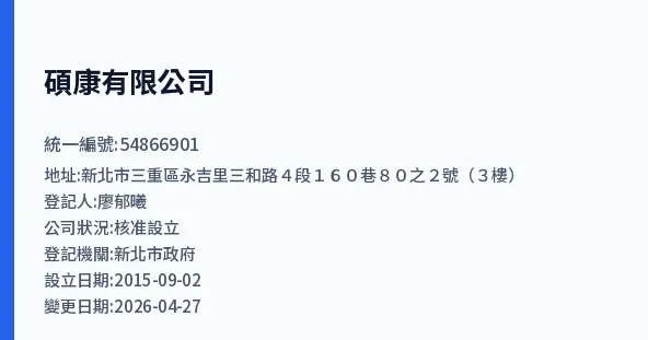 碩康有限公司的照片-統編 54866901(新北市) 公司登記資料與營業項目詳細圖表