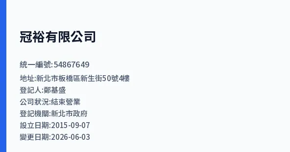 冠裕有限公司的照片-統編 54867649(新北市) 公司登記資料與營業項目詳細圖表