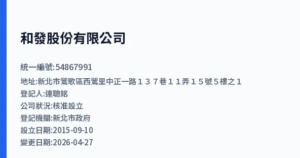 和發股份有限公司的照片-統編 54867991(新北市) 公司登記資料與營業項目詳細圖表