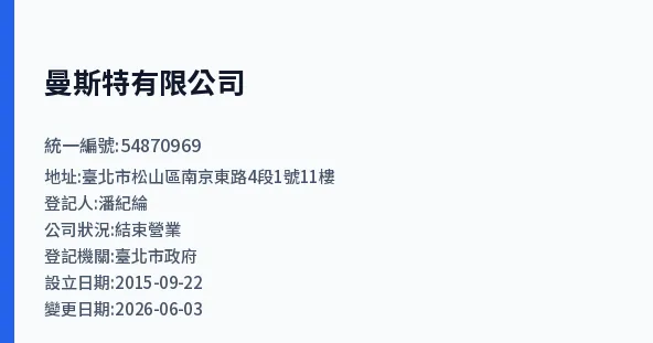 曼斯特有限公司的照片-統編 54870969(臺北市) 公司登記資料與營業項目詳細圖表