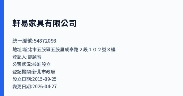 軒易家具有限公司的照片-統編 54872093(新北市) 公司登記資料與營業項目詳細圖表
